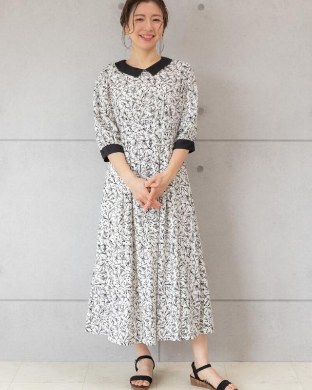 プレフェリール（PREFERIR）/ハイウエストタックバイカラー花柄ワンピース