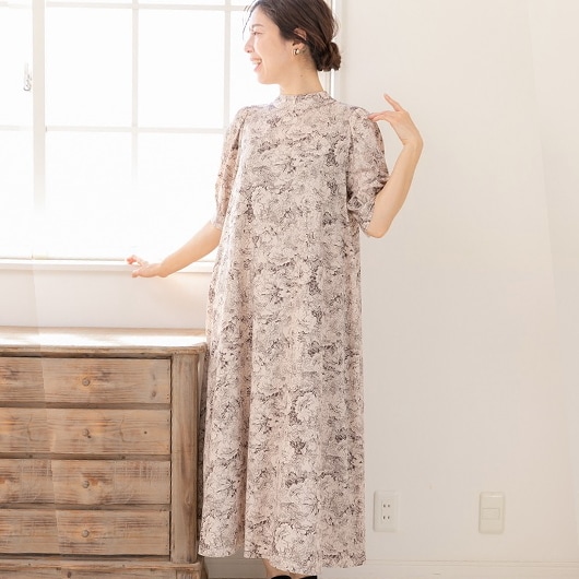 プレフェリール（PREFERIR）/花柄プリント後ろ開きボタンAラインリボンワンピース