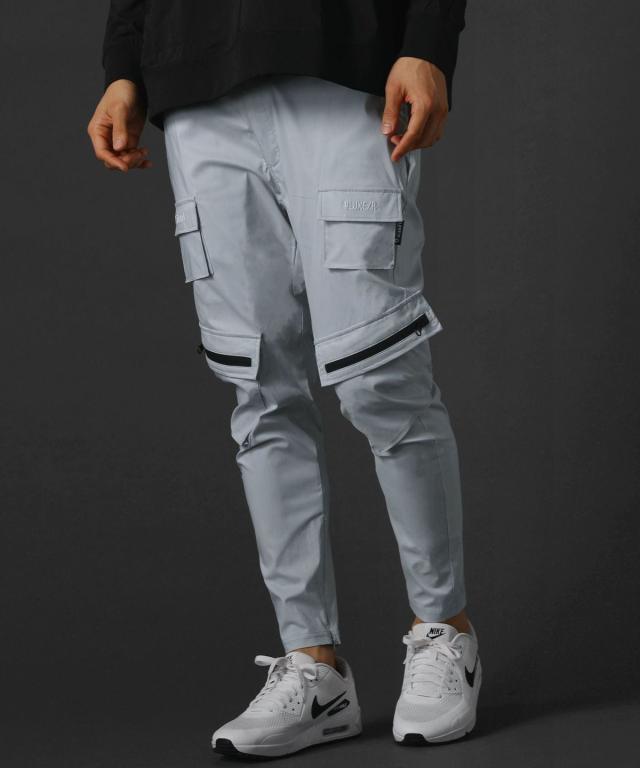 レジェス（REZES）/ベルトループ付き撥水加工ストレッチ布帛ダブルカーゴポケット裾ジップパンツ