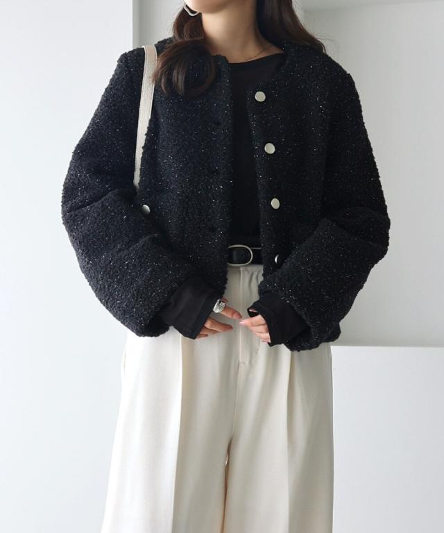 アンドミー（andme）/ラメ ボア 金ボタン ノーカラー ジャケット