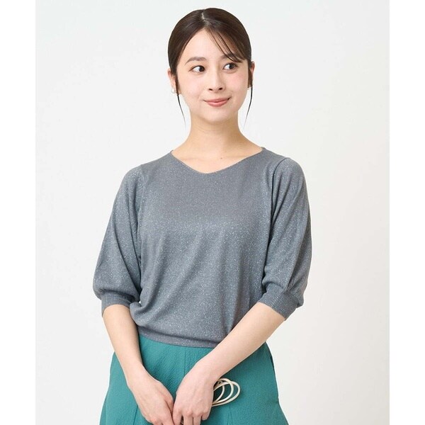 MK ミッシェルクラン（MK MICHEL  ）/【小さいサイズ】ボリュームスリーブVネックラメニット/洗える