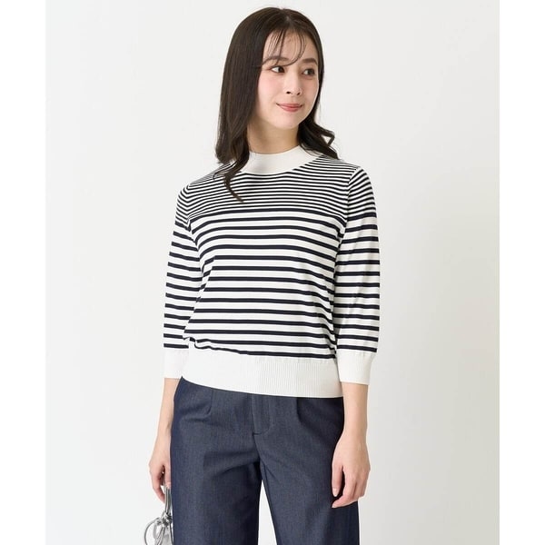 MK ミッシェルクラン（MK MICHEL  ）/【小さいサイズ】ボーダー柄モックネック六分袖ニット/洗える