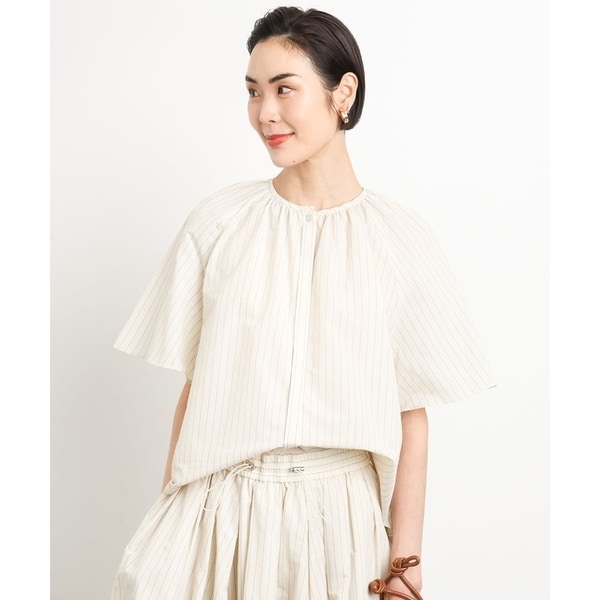 ミッシェルクラン（MICHEL ）/[小さいサイズ]ギャザーブラウス ストライプ柄(セットアップ対応/ドライタッチ)