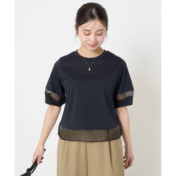 MK ミッシェルクラン（MK MICHEL  ）/【小さいサイズ】シアー切替えランタンスリーブカットソー/接触冷感/洗える