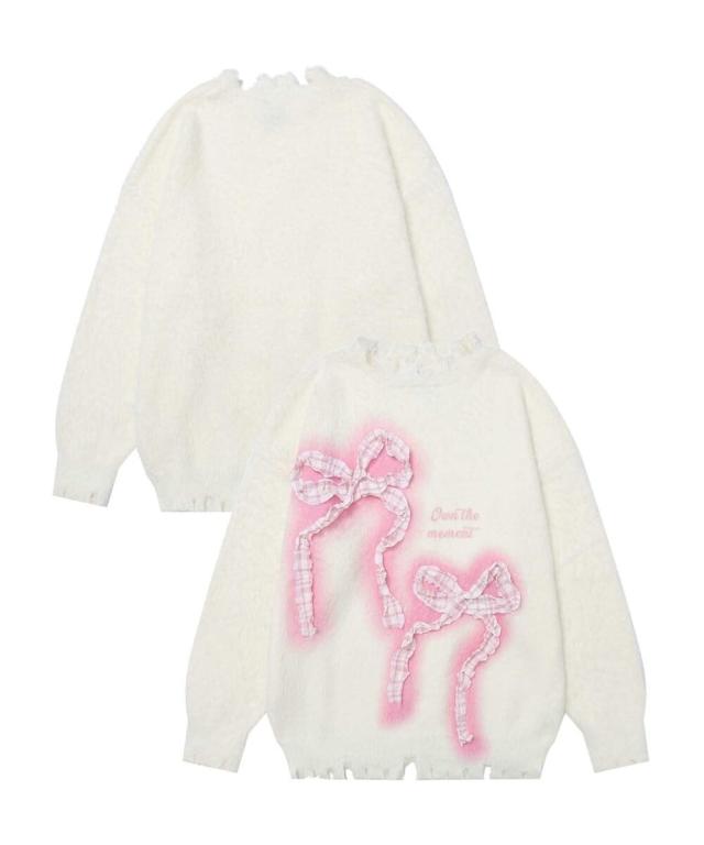 フック（HOOK）/【HOOK】for　girls　チェック柄リボン付きダメージニット