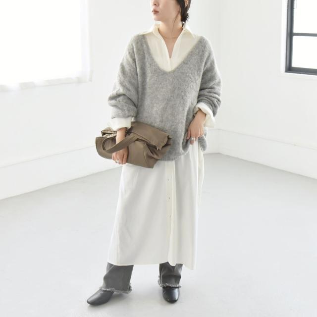 カランシエル（quaranciel）/quaranciel:〈洗濯可能〉Vネック ニット ＆ シャツ ワンピース セット