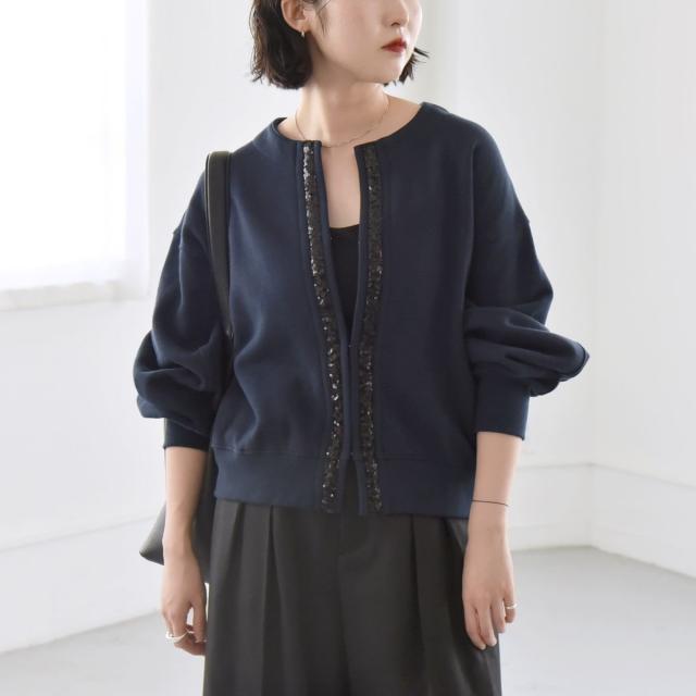 カランシエル（quaranciel）/quaranciel:〈手洗い可能〉スパンコール テープ スウェット カーディガン