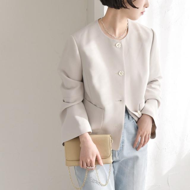 カランシエル（quaranciel）/quaranciel:〈洗濯機可能〉ダブルクロス フレア ノーカラー ジャケット（セットアップ対応）