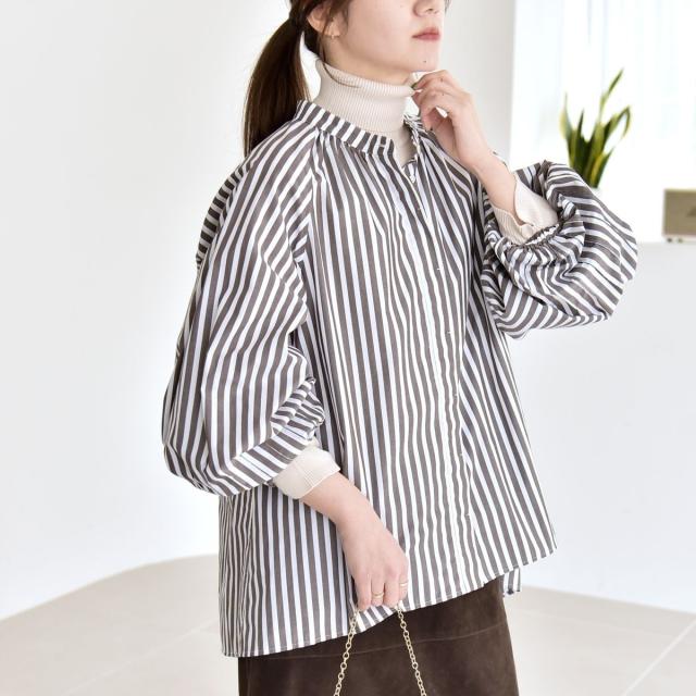 カランシエル（quaranciel）/quaranciel:〈洗濯機可能〉REPREVE バンドカラー ギャザー パフ シャツ ブラウス