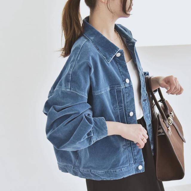 カランシエル（quaranciel）/quaranciel:〈洗濯機可能〉コットン ベロア インディゴ ボリュームスリーブ ショート ブル