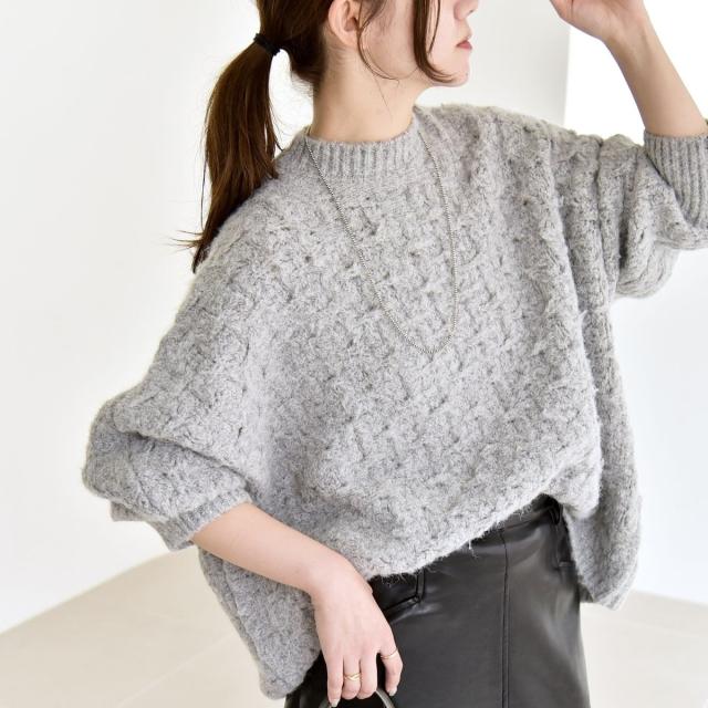 カランシエル（quaranciel）/quaranciel:〈手洗い可能〉透かし編み クルーネック ドルマン ルーズ ニット プルオーバー