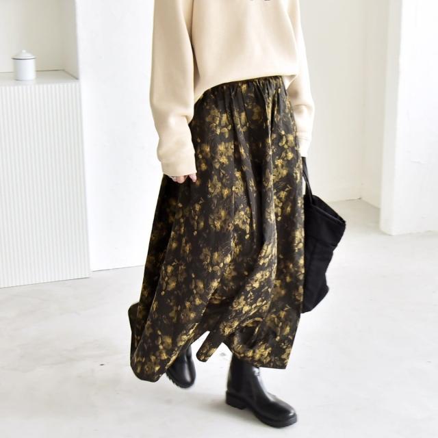 カランシエル（quaranciel）/quaranciel:〈洗濯機可能〉フラワー ジャカード タック ギャザー フレア スカート