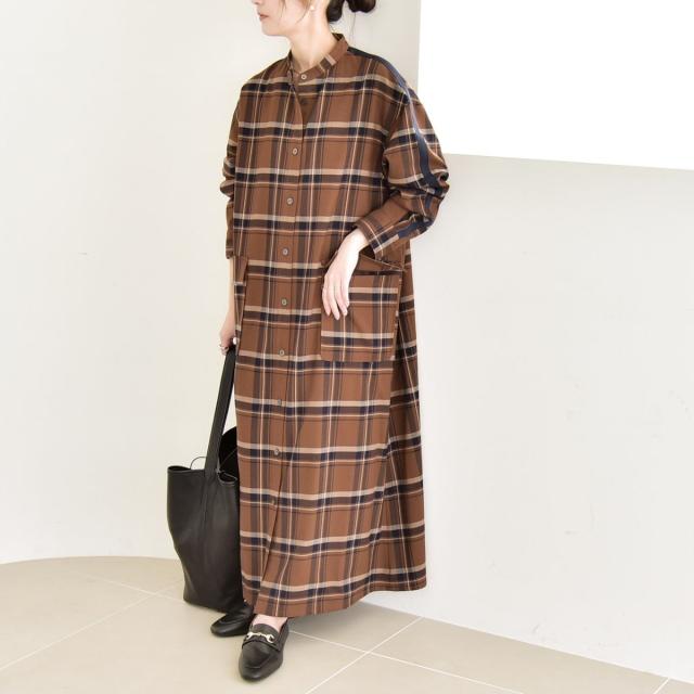 カランシエル（quaranciel）/quaranciel: バンドカラー ライン チェック ポケット シャツ ワンピース