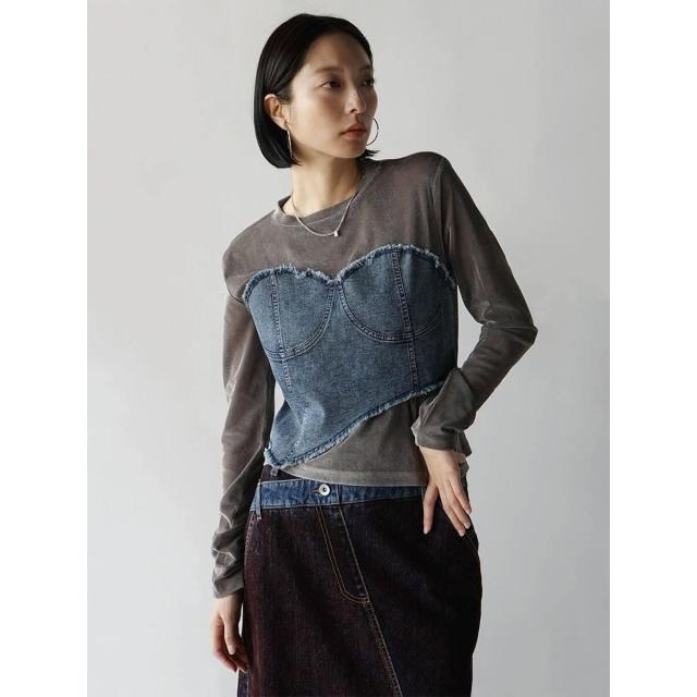 ラディエイト（RADIATE）/デニムビスチェフェイクレイヤードベロアトップス