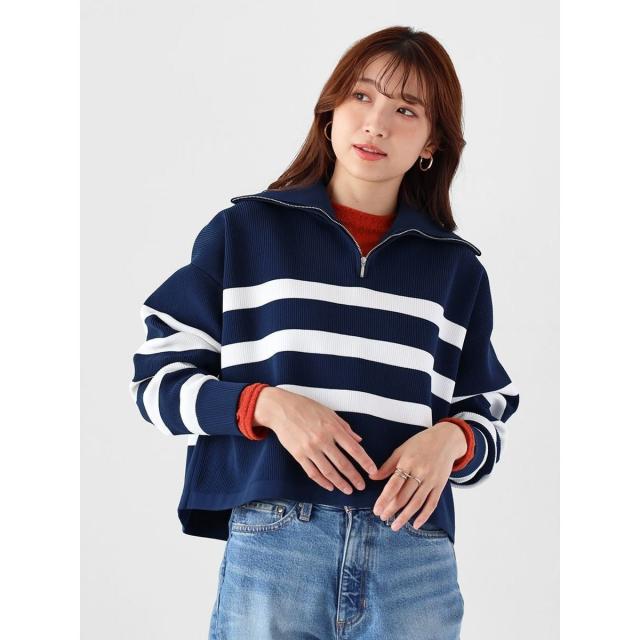 ヴァン（Vin）/ハーフジップクロップドボーダーニット