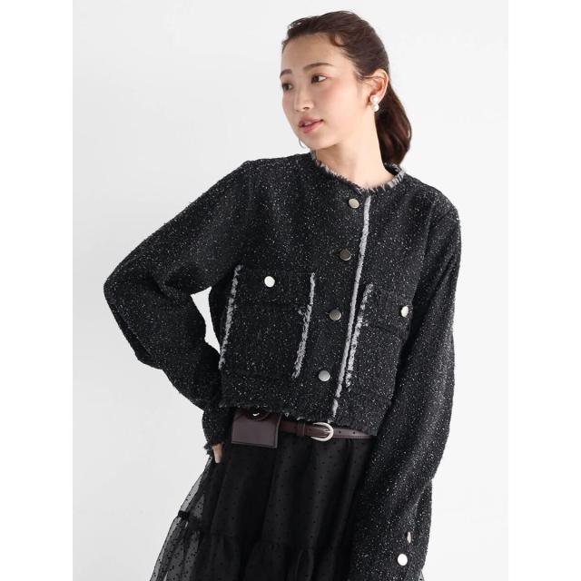 ヴァン（Vin）/ツイードフリンジノーカラーデニムジャケット