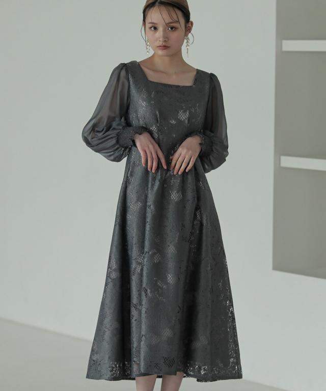 ビレイ（birei）/ジャガードレーススクエアネックフレアドレス