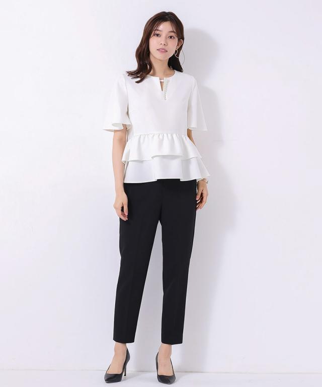 ホワイトジョーラ（WHITE JOOLA）/【接触冷感】パール調キーネックティアードブラウス＆センタープレス入りテーパードパンツ2点セット…