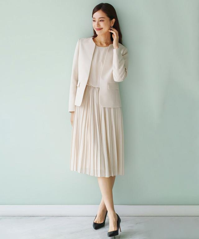 ホワイトジョーラ（WHITE JOOLA）/ワッフルピケカラーレスジャケット＆シフォンジョーゼットプリーツワンピースSET