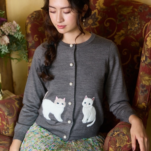 ジョリープッペ（Jolly Poupee）/ネコアップリケニットカーディガン