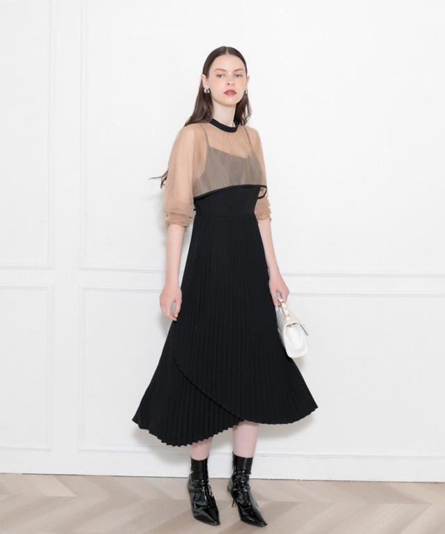 レジャ（Leja）/LEJA−2WAYブラウスプリーツキャミワンピースセットアップ美脚効果ロングワンピースドレス