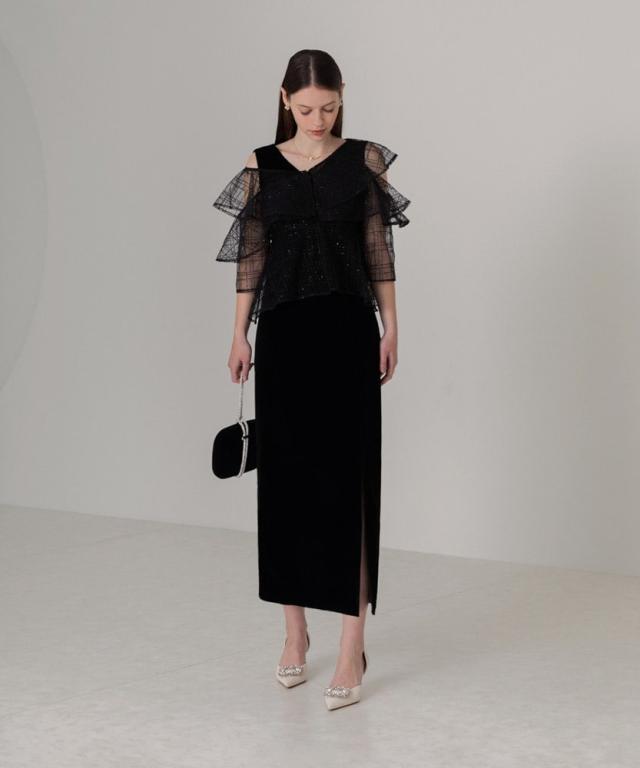 レジャ（Leja）/2WAYフリルチェックスパンコールベロアドレス