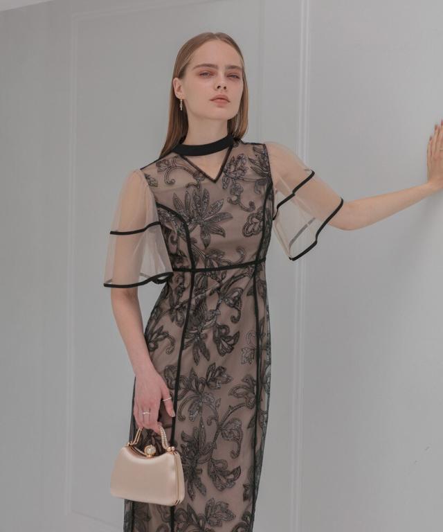 レジャ（Leja）/スパンコールフラワーIラインワンピースドレス