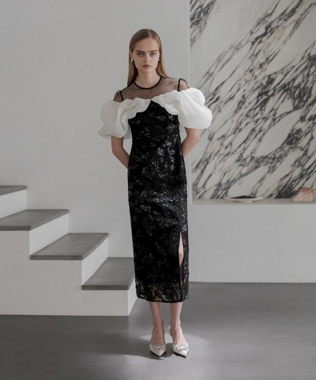 レジャ（Leja）/ジャガードボリュームスリーブスパンコールIラインワンピースドレス