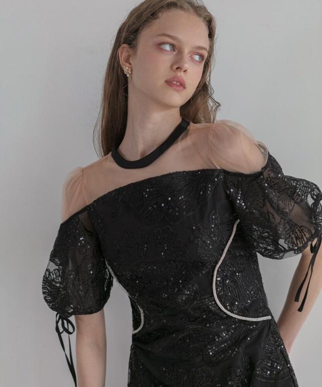 レジャ（Leja）/スパンコールウエストデザインIラインワンピースドレス