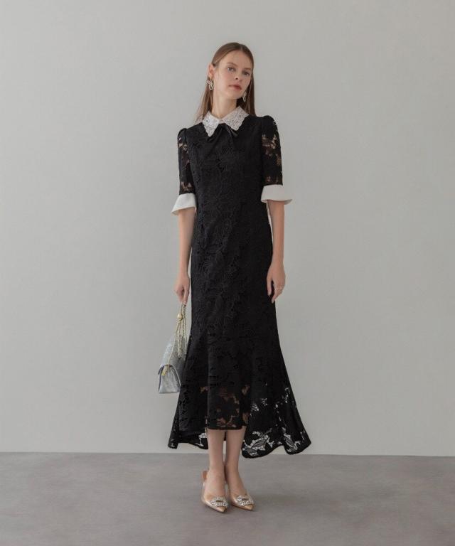 レジャ（Leja）/パールカラーボウタイフラワーレースフィッシュテールワンピースドレス