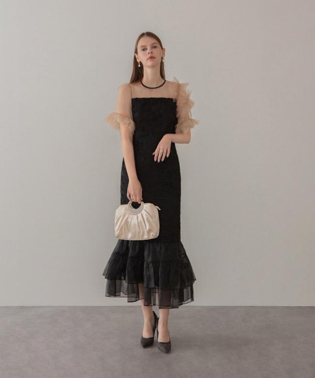 レジャ（Leja）/アシンメトリーチュールスリーブレースフリルヘムIラインワンピースドレス