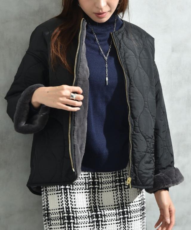 インタープラネット（INTERPLANET）/ナイロンタフタ＊ファーキルトリバーシブルショートコート