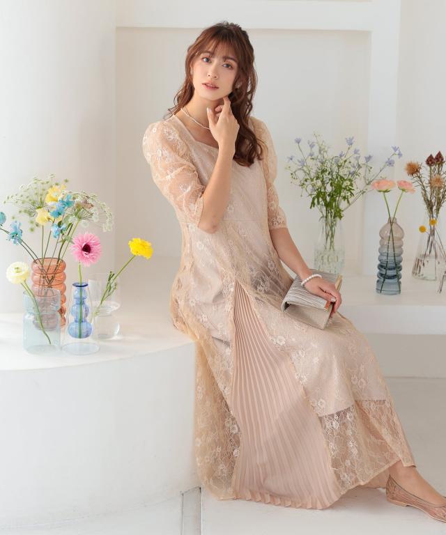 ハレモード（haremode）/結婚式・二次会・セレモニーシーン対応　ワンピース・パーティードレス　プリーツ切替え総レースドレス