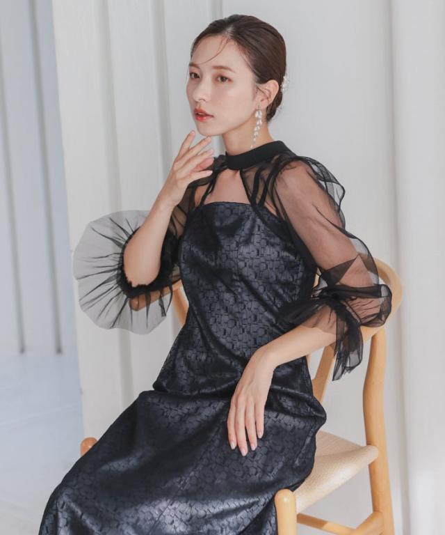 ハレモード（haremode）/結婚式・二次会・セレモニーシーン対応　ワンピース・パーティードレス　チュールボレロ幾何学レースドレス