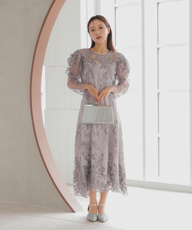 ハレモード（haremode）/結婚式・二次会・セレモニーシーン対応　ワンピース・パーティードレス　ボタニカル柄刺繍ドレス