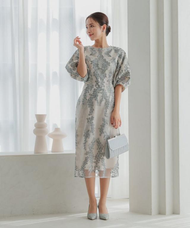 ハレモード（haremode）/結婚式・二次会・セレモニーシーン対応　ワンピース・パーティードレス　リーフ刺繍デザインコクーンドレス