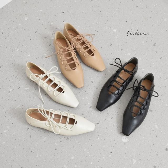 トゥクン（tukn．）/【ゴムで楽々着脱】22．0−25．5 レースアップ リボン フラット パンプス 柔らか設計