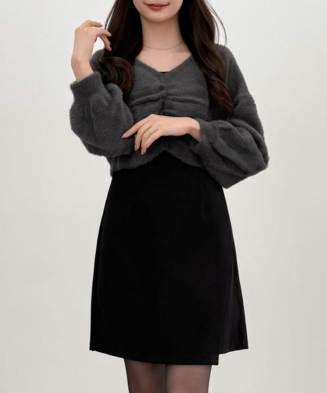 セネア（CENEA）/CENEA　フロントギャザーシャギーニット＋ミニキャミワンピース