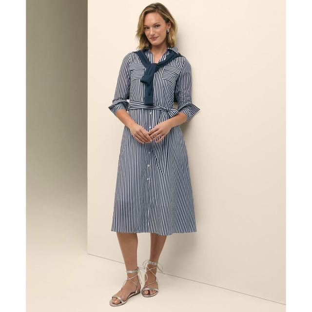 ブルックスブラザーズ（Brooks Brothers）/コットン／シルク　ストライプ　ダブルパッチポケット　ベルテッドシャツワンピース