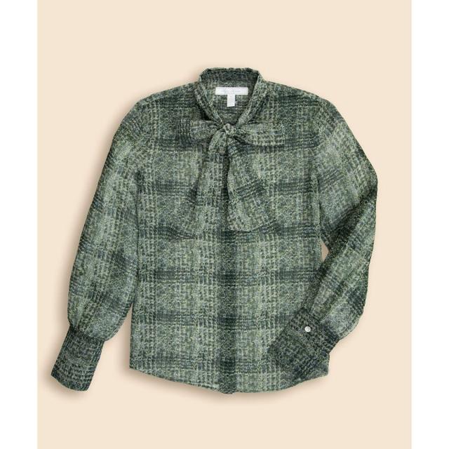 ブルックスブラザーズ（Brooks Brothers）/ポリエステルジョーゼット　ツイードファブリックプリント　ボウブラウス