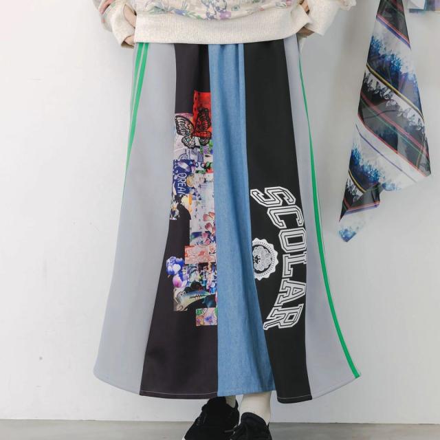 スカラー（ScoLar）/ScoLar スカラー ロゴコラージュ柄 デニム×ジャージ切替スカート