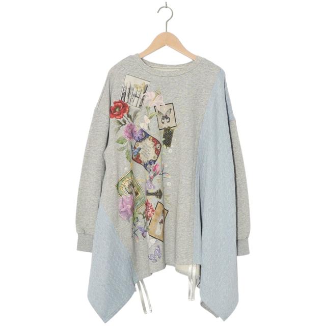 スカラー（ScoLar）/Scolar スカラー 額縁×花×蝶柄　ニットソー×裏毛切替プルオーバー