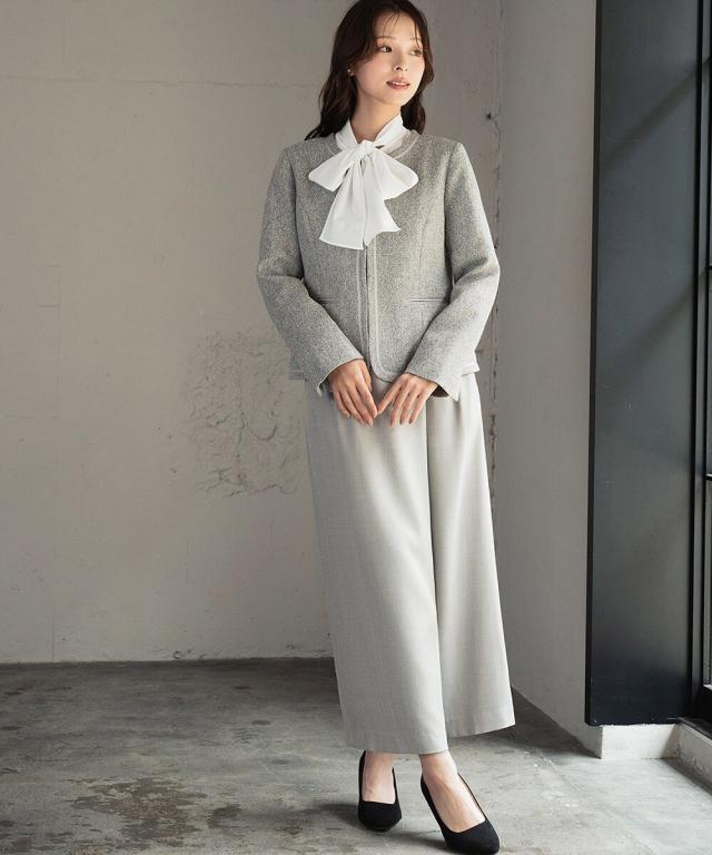 【NEW】フロリア（Flolia）/ノーカラー ツイードジャケット 巻きスカート風 ワイドパンツ セットアップ スーツ フォーマル