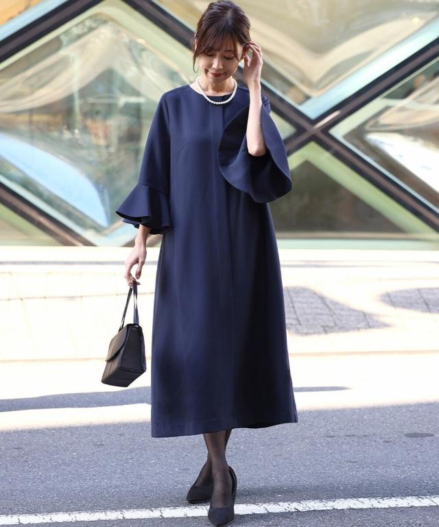 【NEW】フロリア（Flolia）/【喪服・礼服】3WAYリボン付き フレアスリーブ 長袖 Iライン ロング丈 ワンピース【洗える】