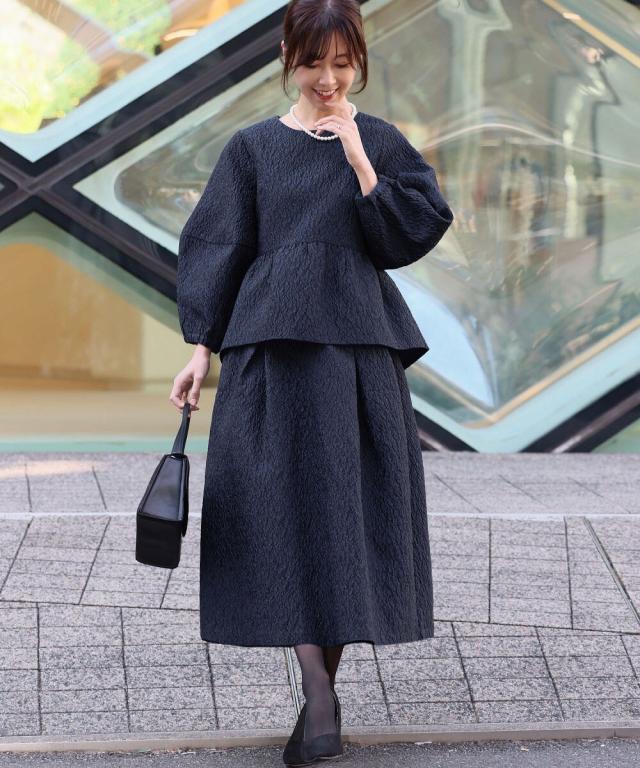 【NEW】フロリア（Flolia）/ふくれジャガード ボリュームスリーブブラウス 長袖 Aライン ロング丈スカート 2点セット スーツ