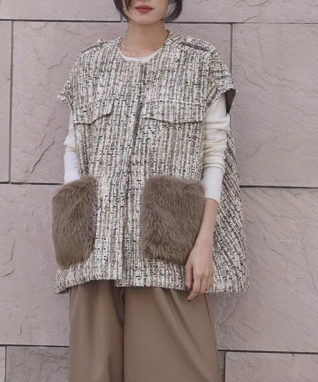エルフランク（ELFRANK）/ファーポケット オーバーシルエット ツイード ベスト ジレ