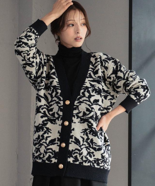 エルフランク（ELFRANK）/Vネック ジャガード ニット カーディガン リーフ柄