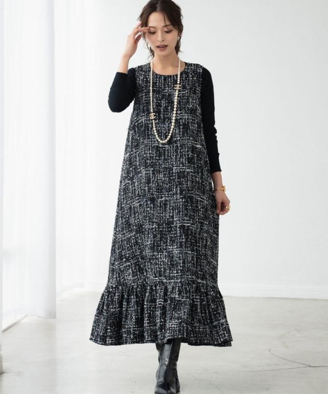 エルフランク（ELFRANK）/ラメ ツイード Aライン ノースリーブ ロング ワンピース