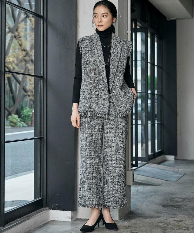 エルフランク（ELFRANK）/ツイードフリンジ テーラードベスト ワイドパンツ 2点セット セットアップ