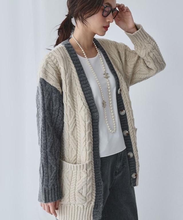 【NEW】エルフランク（ELFRANK）/バイカラー Vネック ケーブルニット カーディガン